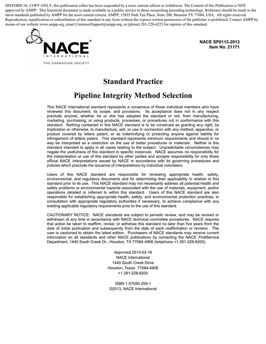 Pipeline Integrity Method Selection | Standards | Association for Materials Protection and ...